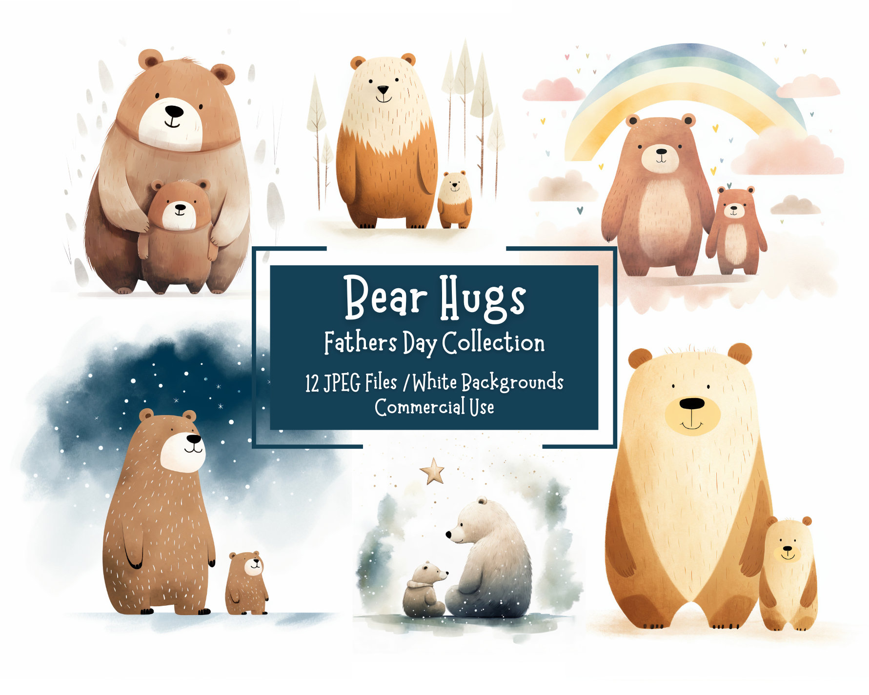 Cute Fathers Day Bear Hugs Clipart Bundle 12 JPEG Files, White ...
