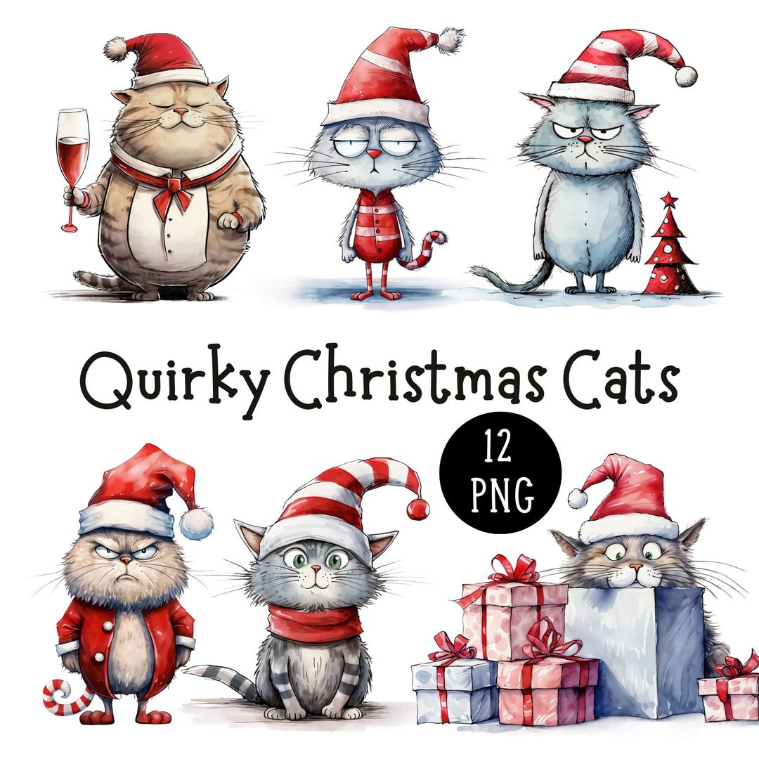 Quirky Christmas Cat Clipart Bundle | 12 PNG Cute & Funny Cats ...