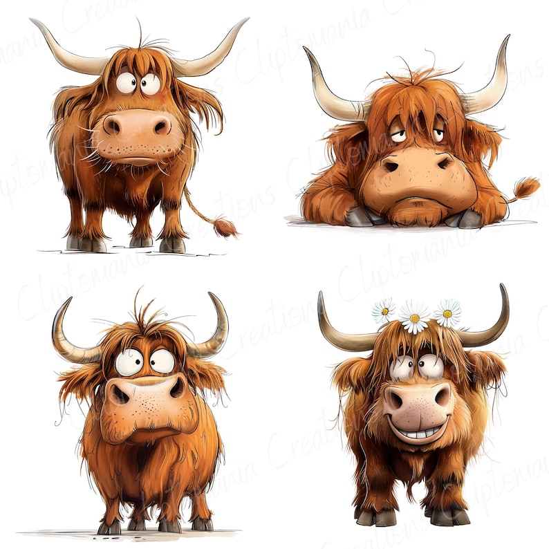 20 Funny Highland Cow PNG Clipart Bundle, Transparent Backgrounds ...