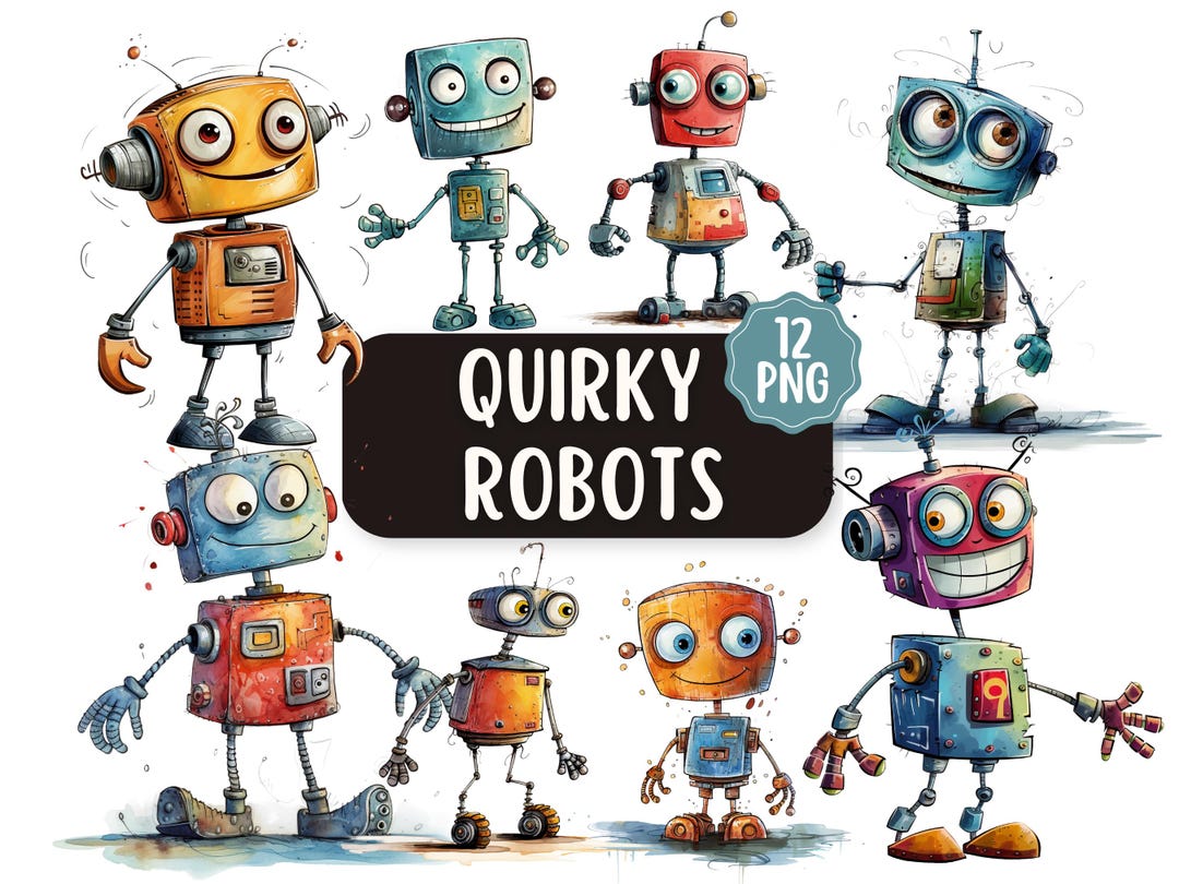 Quirky Robot Clipart Bundle 12 PNG | Transparent Backgrounds ...