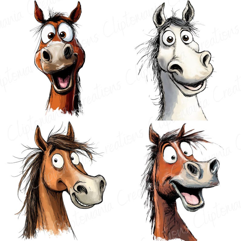 Quirky Horse Faces Clipart Bundle 12 PNG Designs, Commercial Use, Funny ...