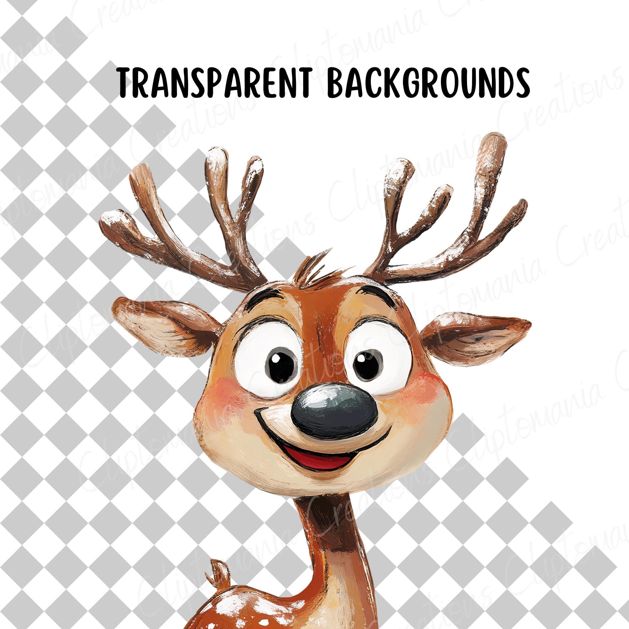 Cute Christmas Reindeer Faces PNG Clipart Bundle, Watercolour Christmas ...