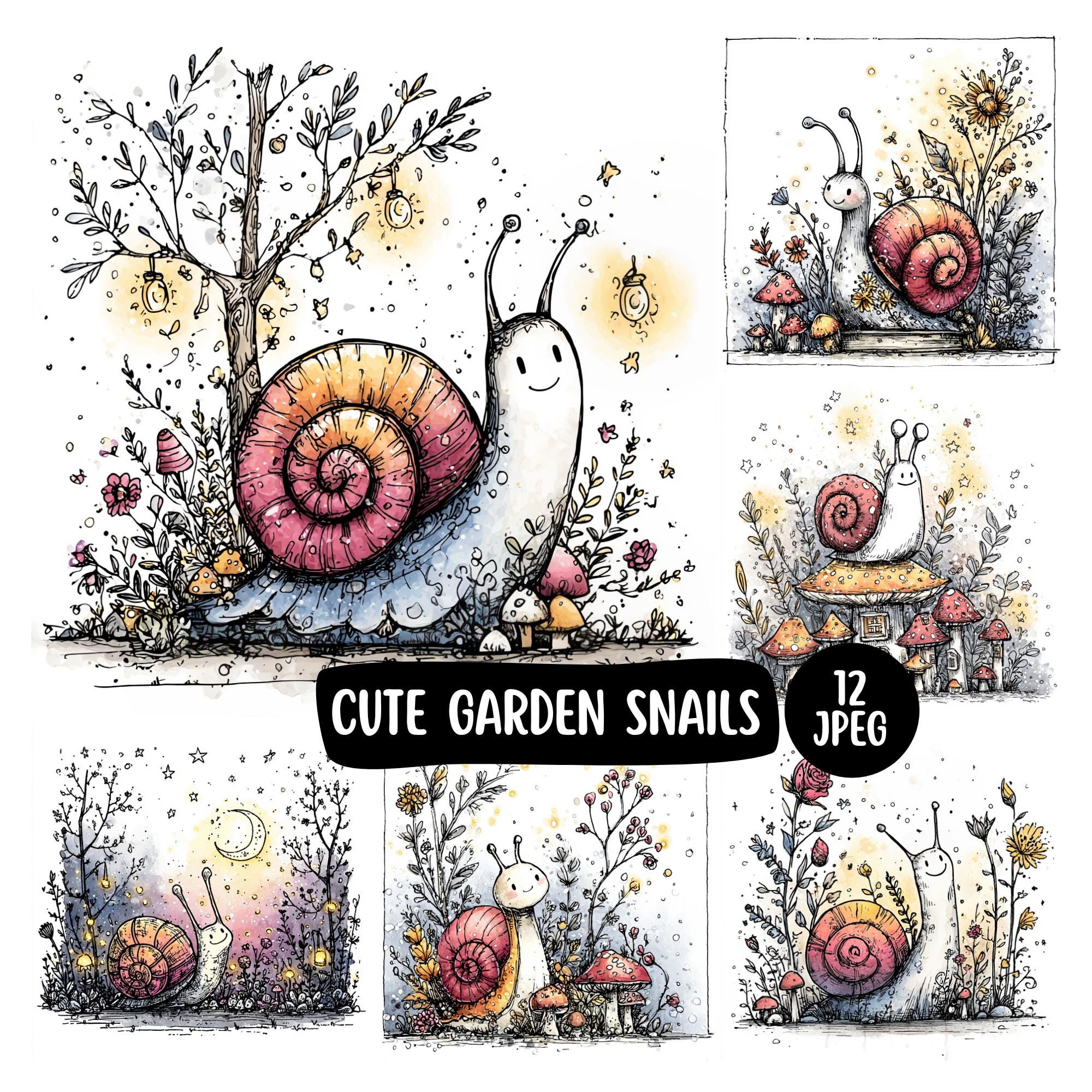 Cute Snail Clipart Bundle 12 JPEG, Whimsical Garden Snails With Magical ...