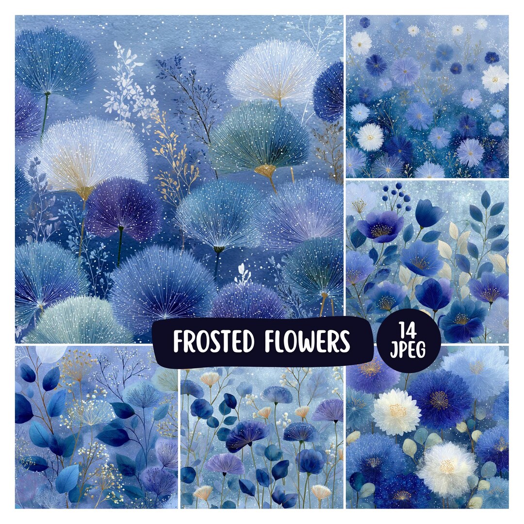Blue Winter Flowers Digital Paper Pack, Floral Watercolour Clipart ...