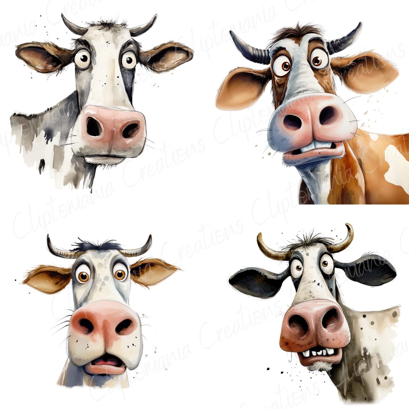 Funny Cow Faces PNG Clipart Bundle, Funny Farm Animal Graphics, Quirky ...