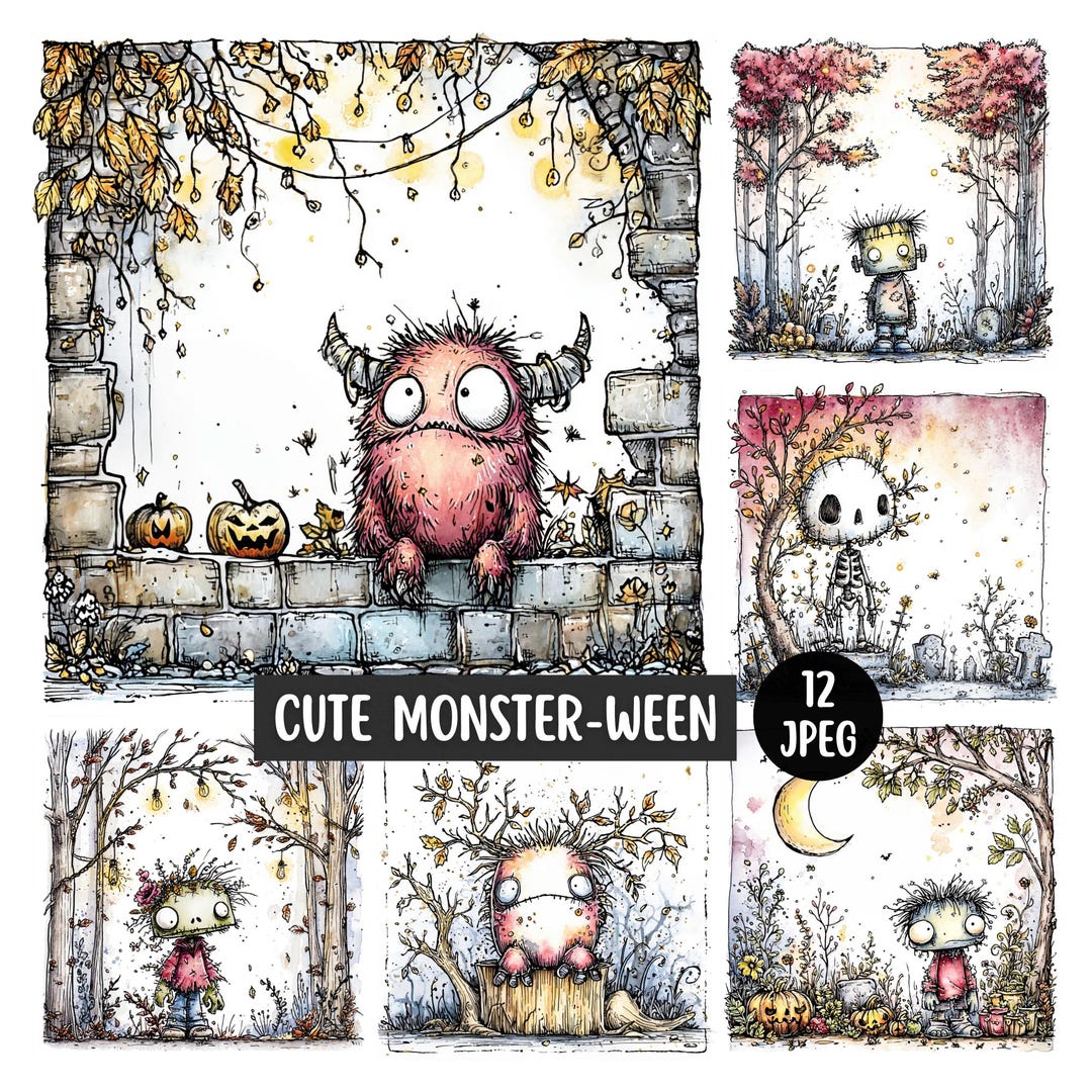 Cute Monster Clipart Bundle 12 JPEG Designs, Fall Creepy Cute Digital ...