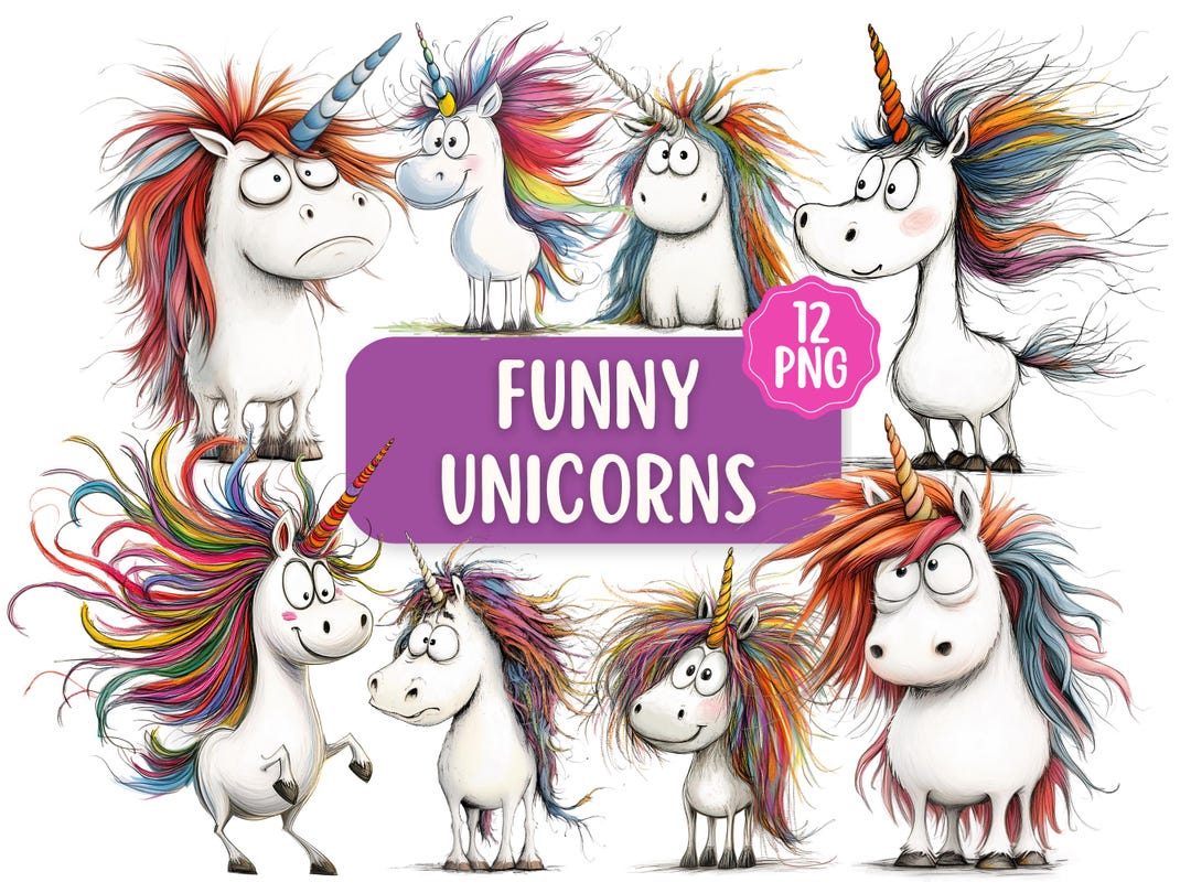 Colourful Funny Unicorn Clipart Bundle 12 PNG Designs | Card Making ...