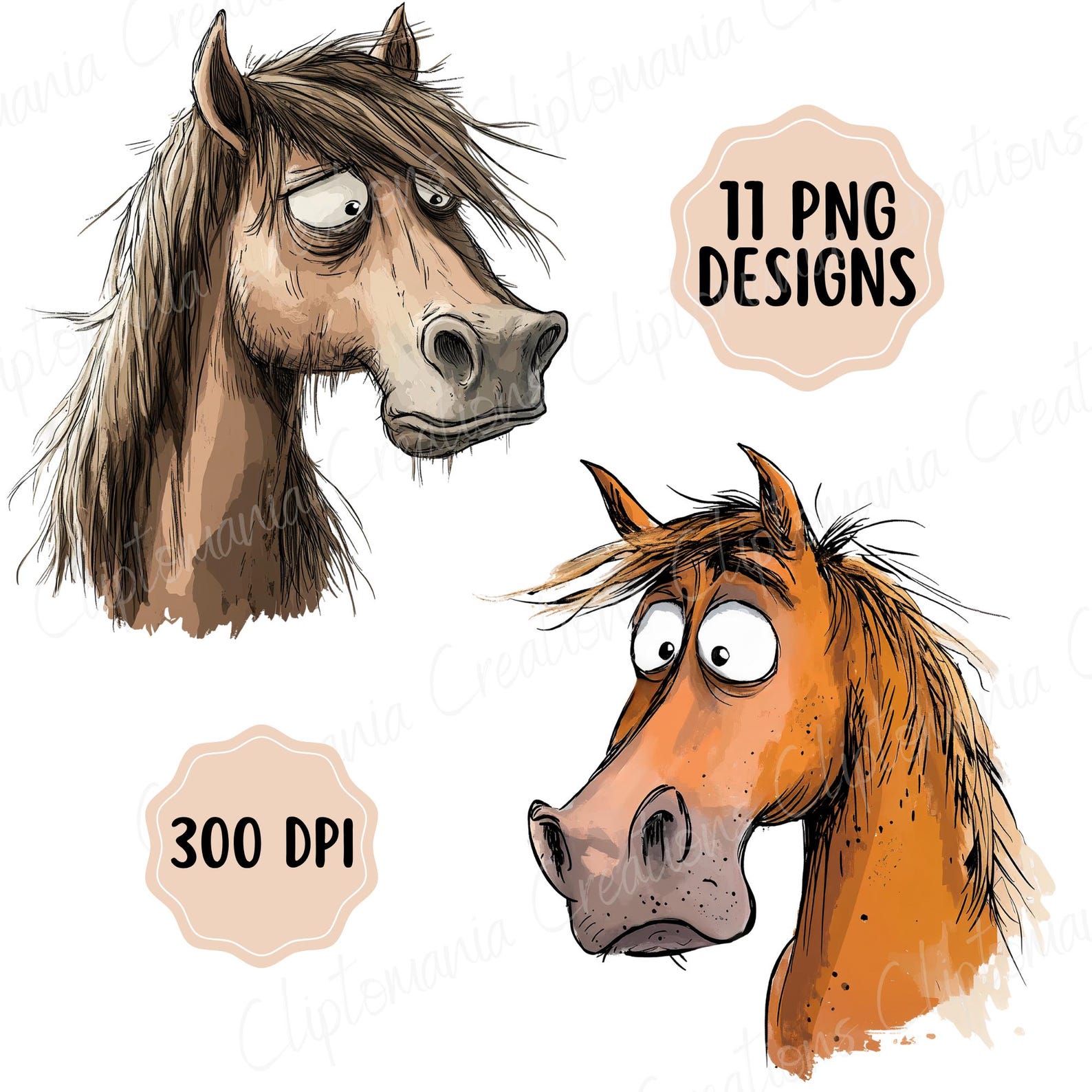 Quirky Horse Faces Clipart Bundle 12 PNG Designs, Commercial Use, Funny ...