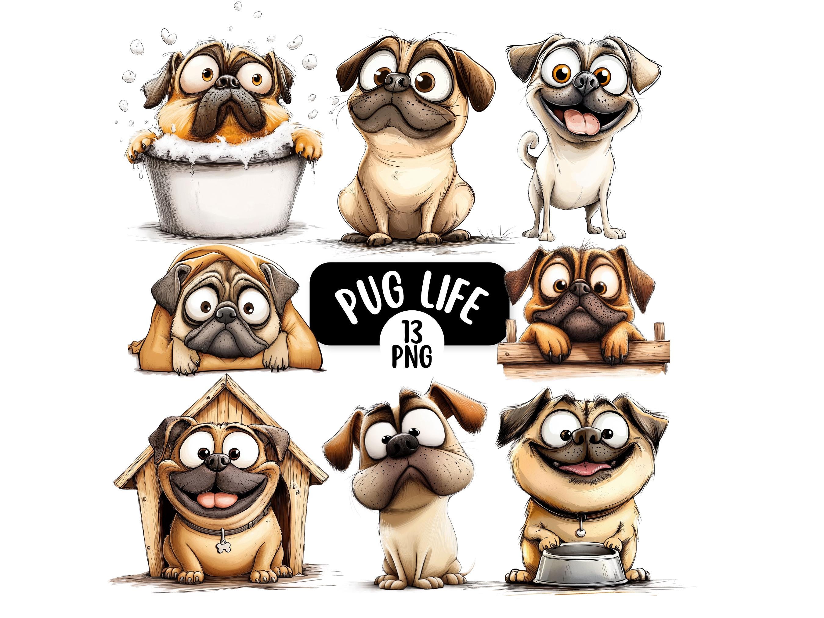 Funny Pug PNG Clipart Bundle, Watercolour Dog Clipart, Digital Download ...