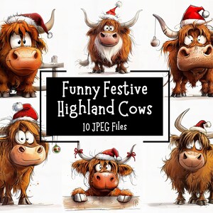 Cute & Funny Festive Highland Cow Clipart Bundle 10 JPEG Graphics White ...