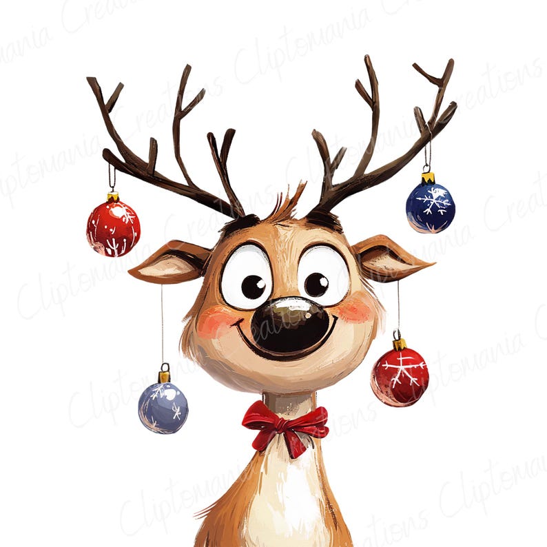 Cute Christmas Reindeer Faces PNG Clipart Bundle, Watercolour Christmas ...