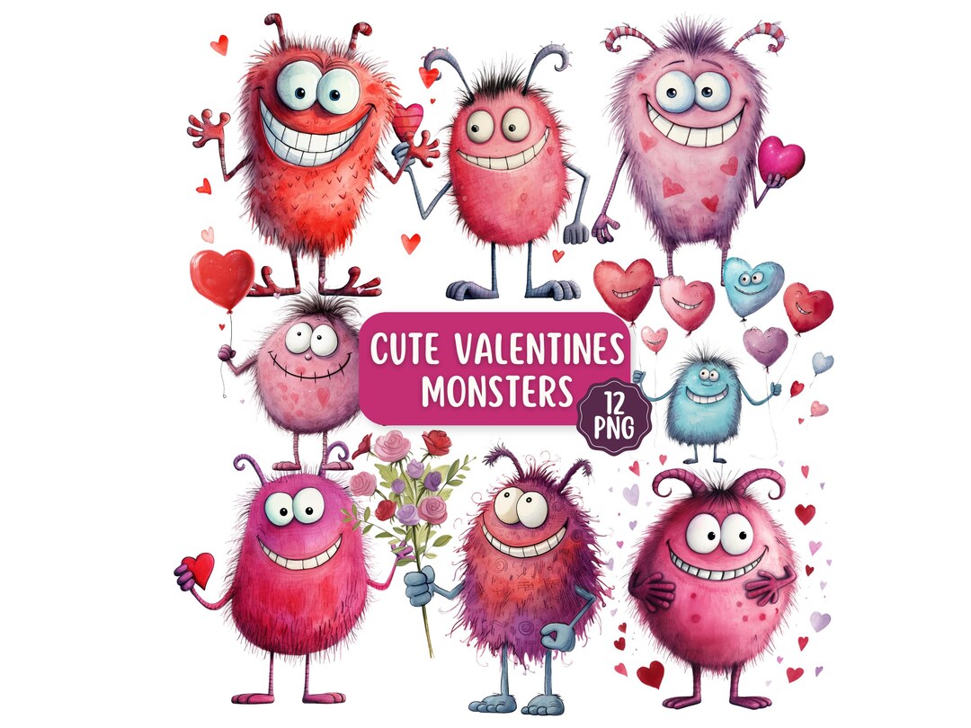 Cute Valentines Monsters PNG Clipart Bundle, Love Monsters, Card Making ...