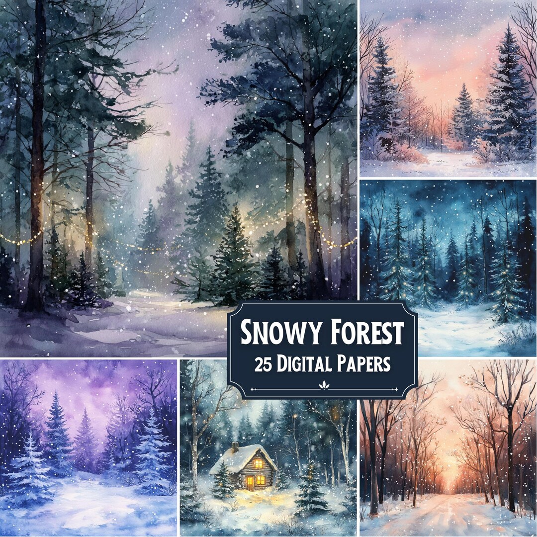 Snowy Winter Forest Digital Papers | Watercolour Christmas Backgrounds ...
