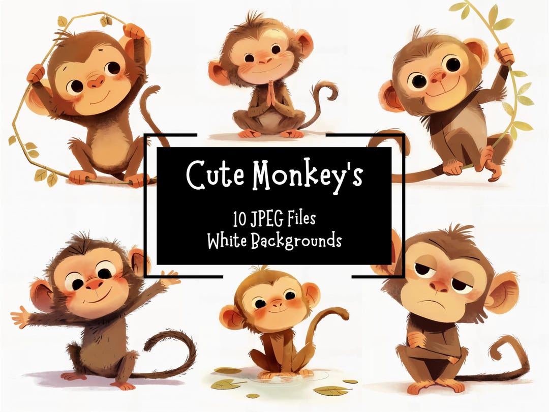 Cute Monkey Clipart Bundle 10 JPEG Designs White Backgrounds Commercial ...