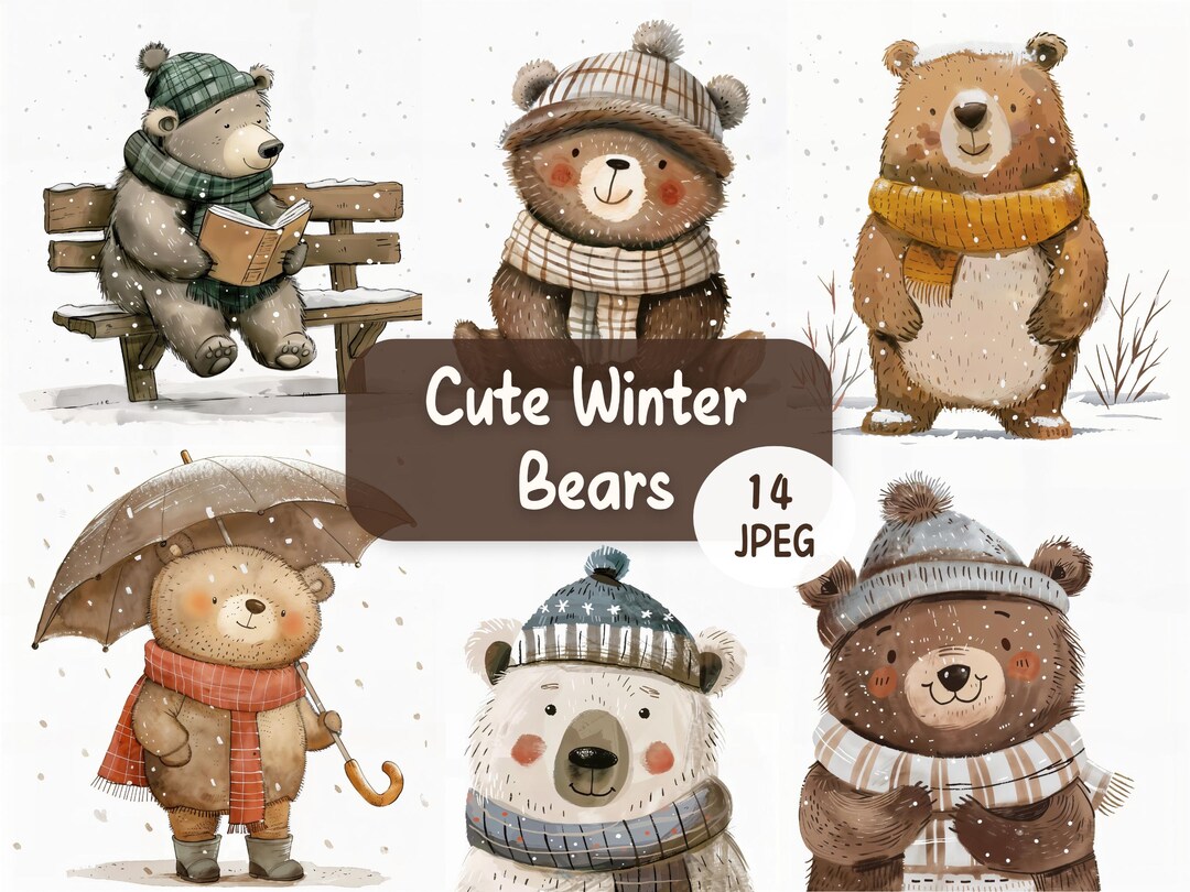 Cute Winter Bear Clipart Bundle | 14 JPEG Designs | White Backgrounds ...