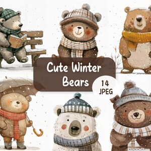 Cute Winter Bear Clipart Bundle | 14 JPEG Designs | White Backgrounds ...