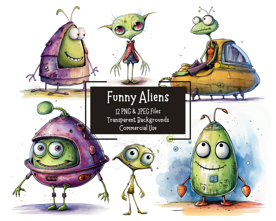 Funny Alien Clipart Bundle 12 PNG & JPEG Files Transparent Backgrounds ...