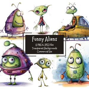 Funny Alien Clipart Bundle 12 PNG & JPEG Files Transparent Backgrounds ...