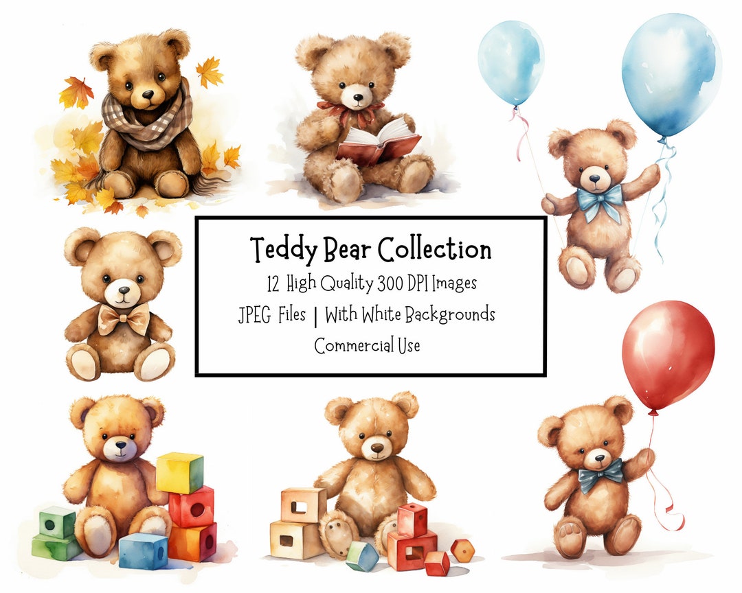 Watercolour Teddy Bear Clipart Bundle 12 High Quality Jpeg's With White ...
