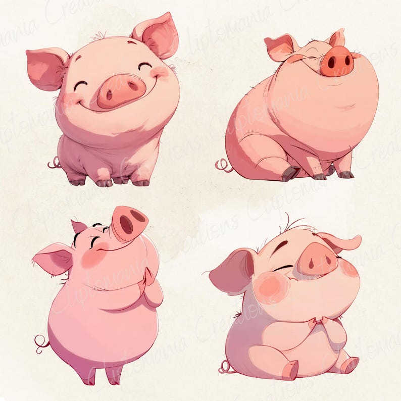 Cute and Funny Pig PNG Clipart Bundle, Commercial Use, Quirky Pig ...