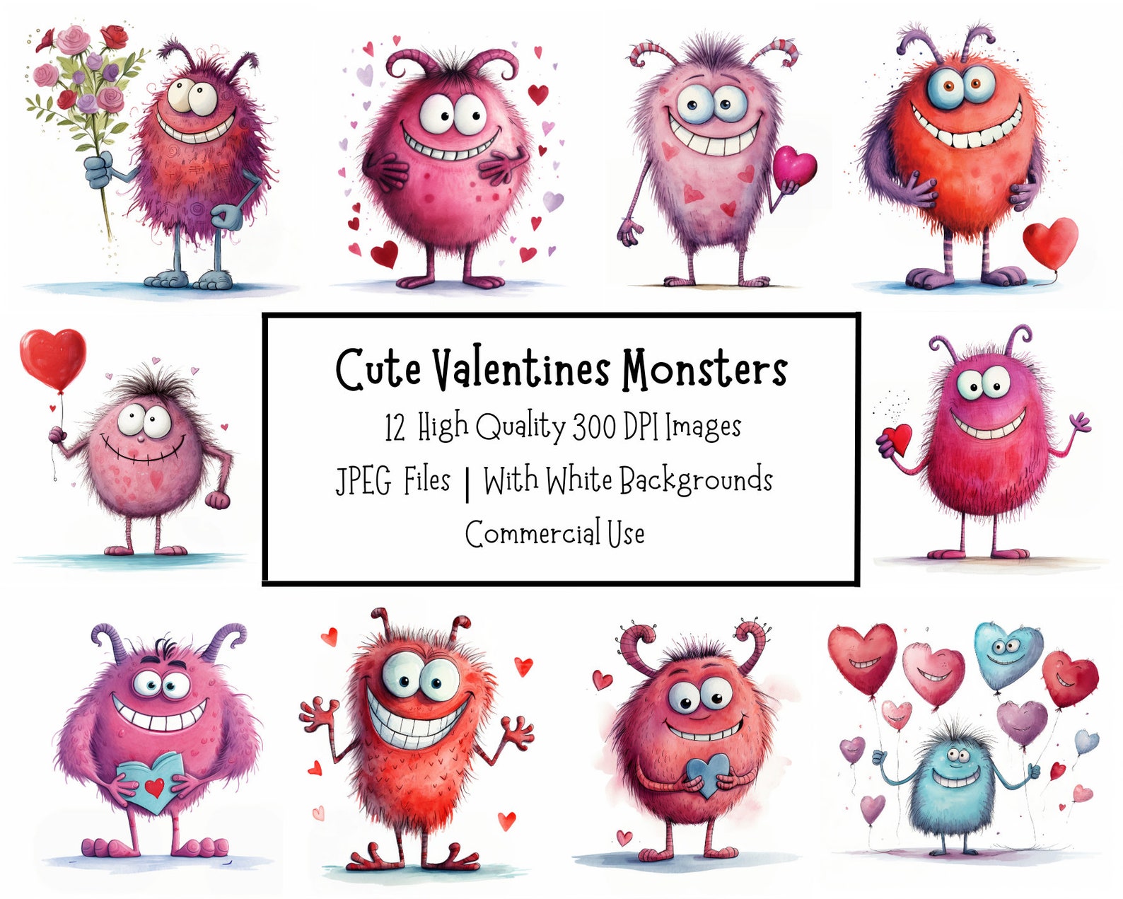 Cute Valentines Monsters Clipart Bundle 12 High Quality JPEG Files With ...