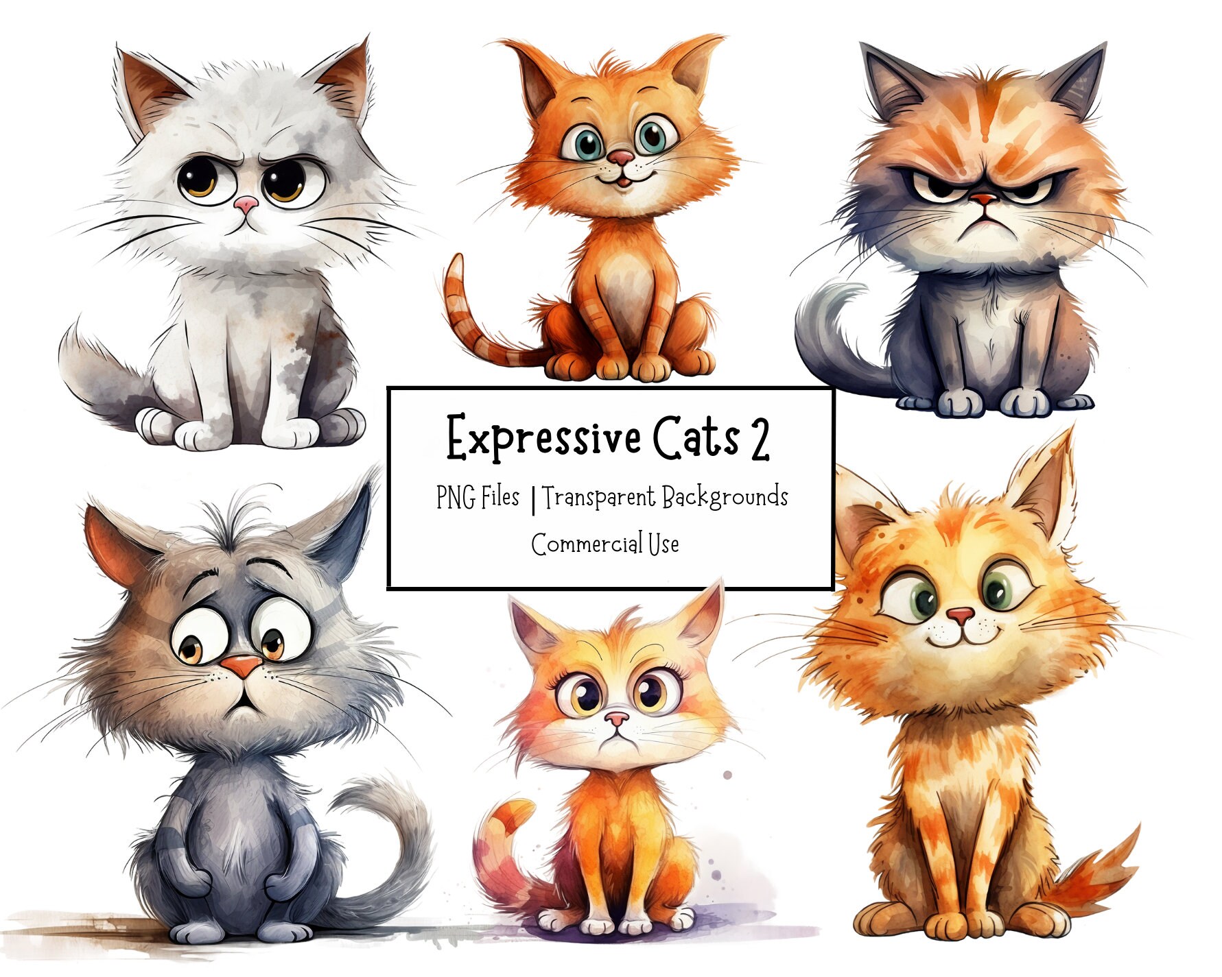 Funny Expressive Cats 2 Clipart Bundle 20 PNG Files | Transparent ...