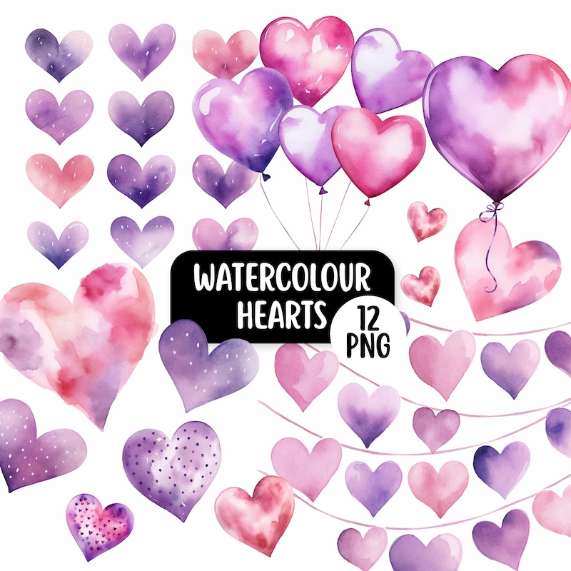 Purple Watercolor Hearts - Etsy UK