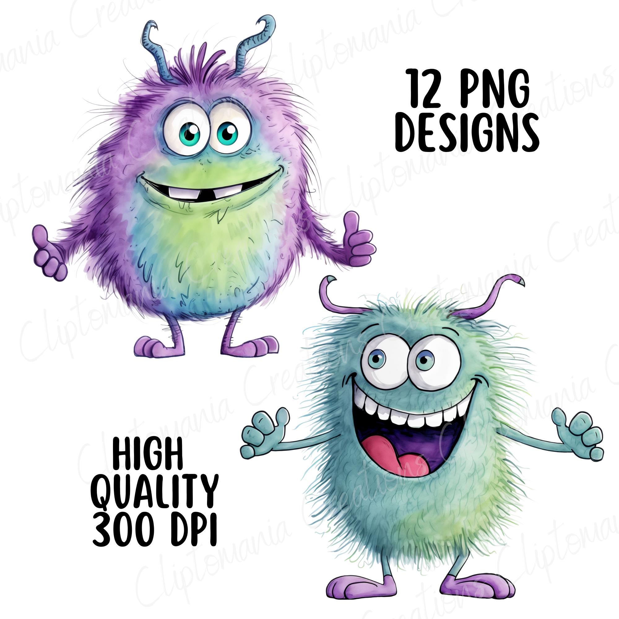 Funny Fluffy Monster Clipart Bundle 12 PNG | Cute Cartoon Monsters ...