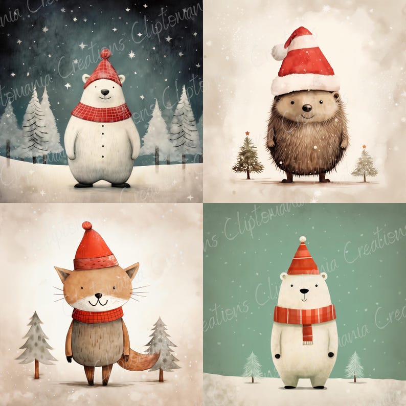 Cute Christmas Clipart Digital Paper Pack, Whimsical Christmas Animals ...