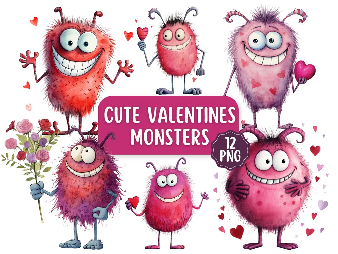 Cute Valentines Love Monsters 12 PNG | Transparent Backgrounds | Card ...