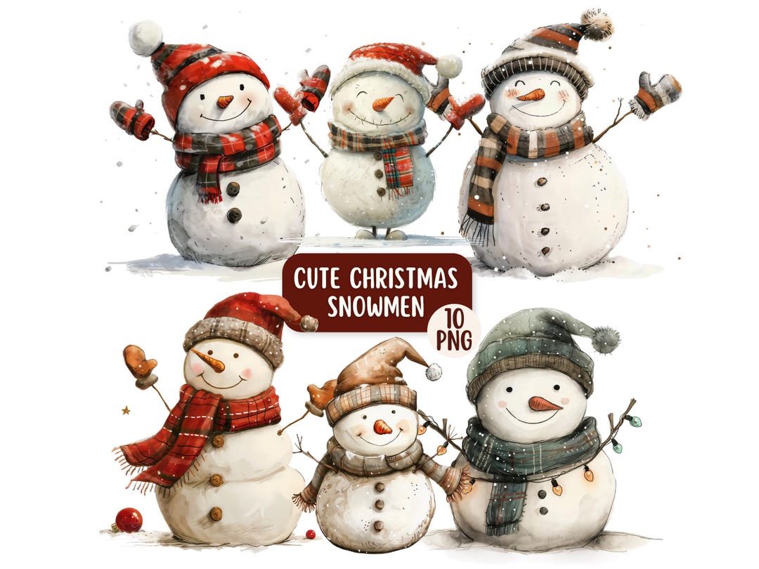 Cute Christmas Snowman PNG Clipart Bundle, Whimsical Christmas ...