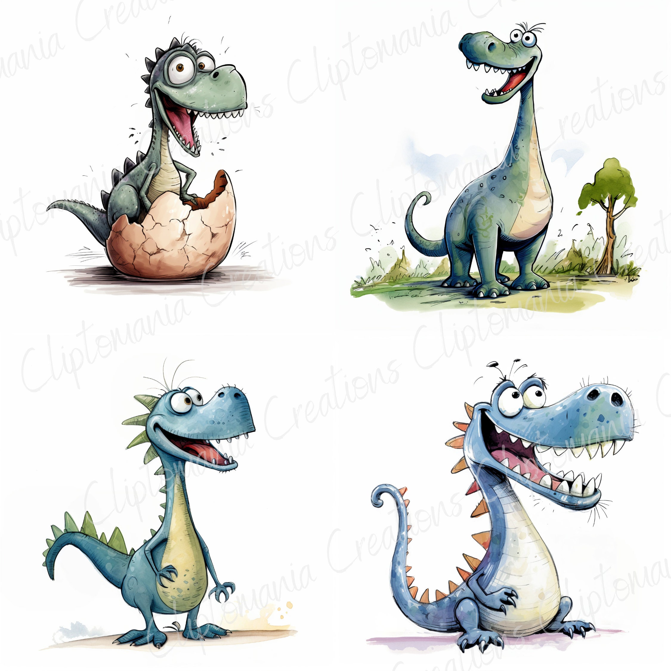 Cute & Funny Dinosaur Clipart Bundle 18 High Quality JPEG Illustrations ...