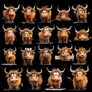 20 Funny Highland Cow PNG Clipart Bundle, Transparent Backgrounds ...