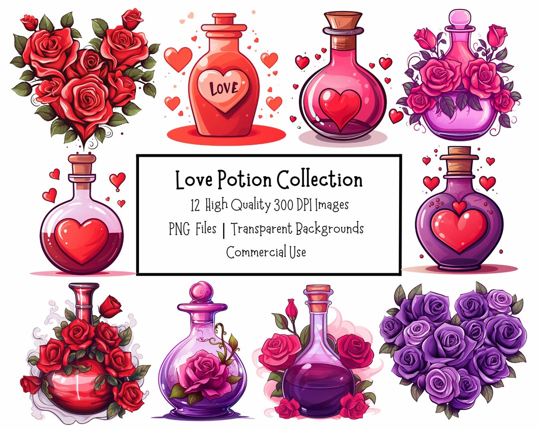 Love Potions & Roses Clipart Bundle 12 PNG Files With Transparent ...