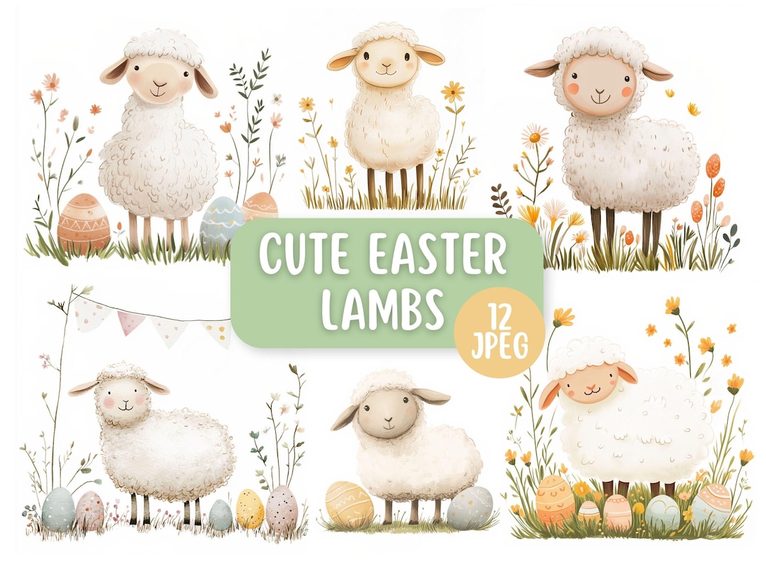 Cute Easter Lamb Clipart Bundle 12 JPEG Designs | Spring Lamb Clipart ...