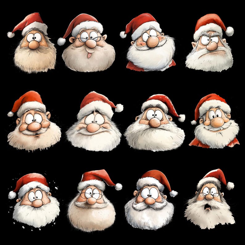 Funny Santa Claus Clipart Bundle, Funny Santa Face PNG, Quirky Santa ...