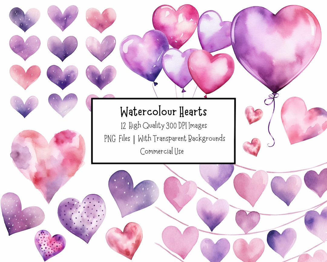 Pink & Purple Watercolour Heart Clipart Bundle | 12 PNG Files With ...