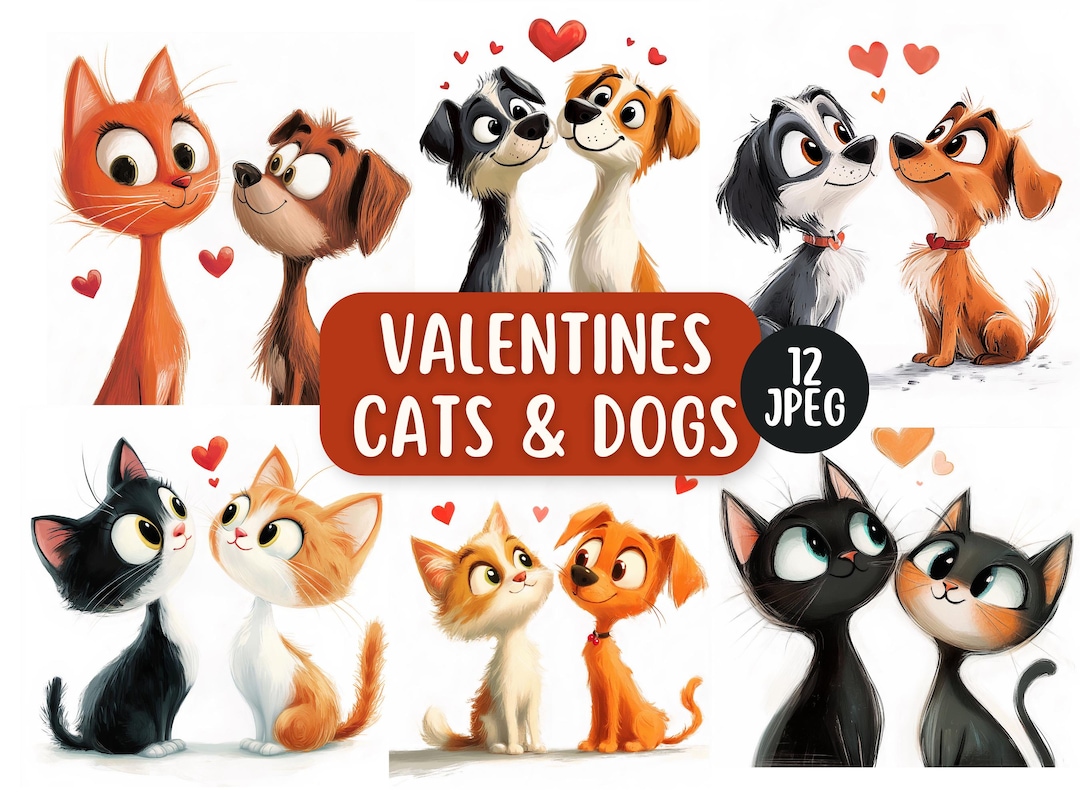 Cute Valentines Cat and Dog JPEG Clipart Bundle | Cartoon Pet Clipart ...