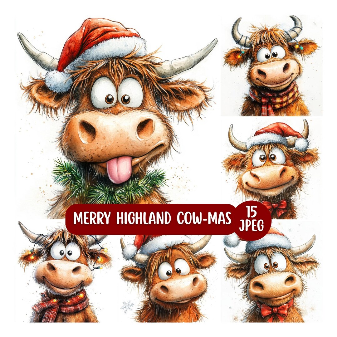 Cute & Funny Christmas Highland Cow Clipart Bundle | Festive Animal ...