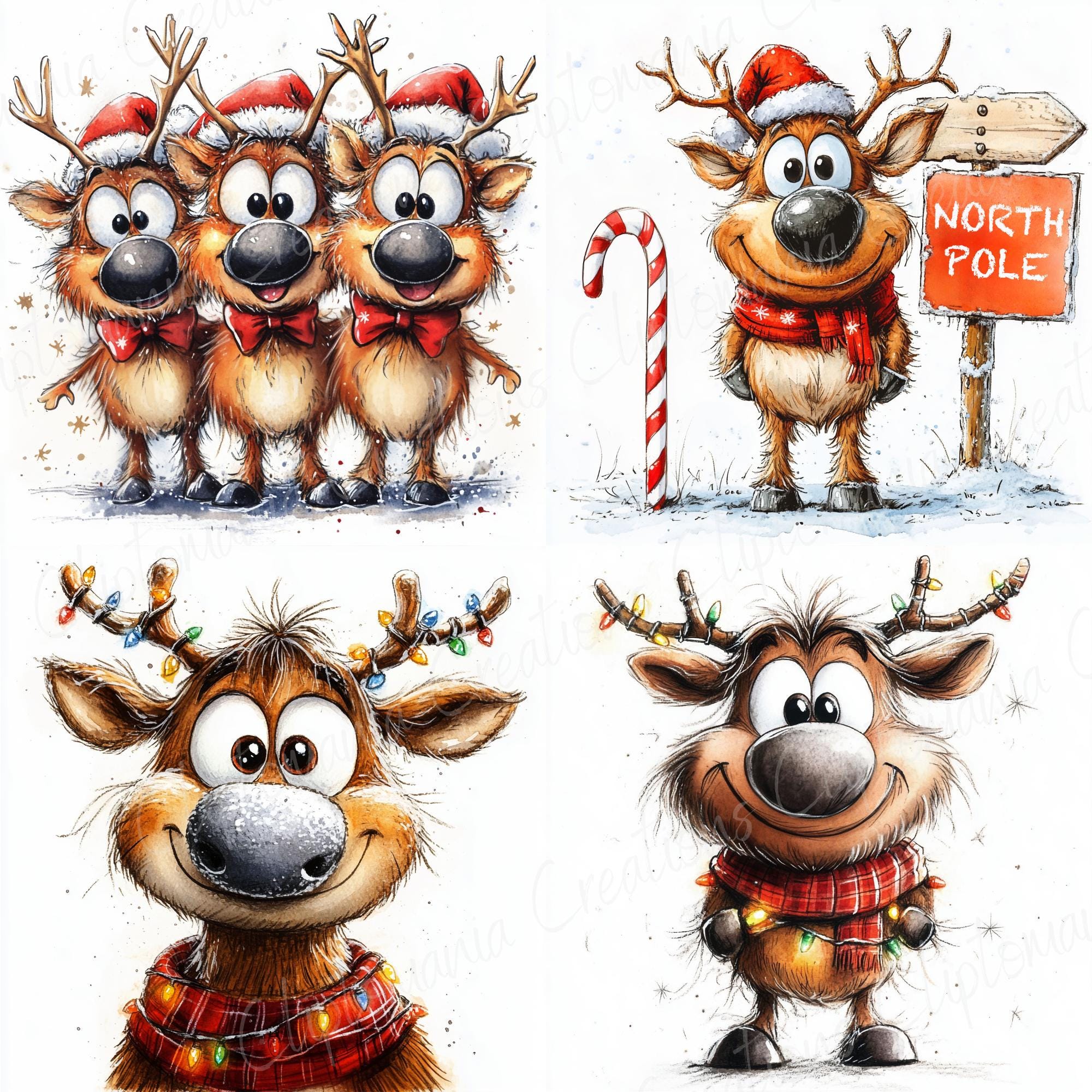 Cute & Funny Christmas Reindeer Clipart Bundle | JPEG Festive Animal ...