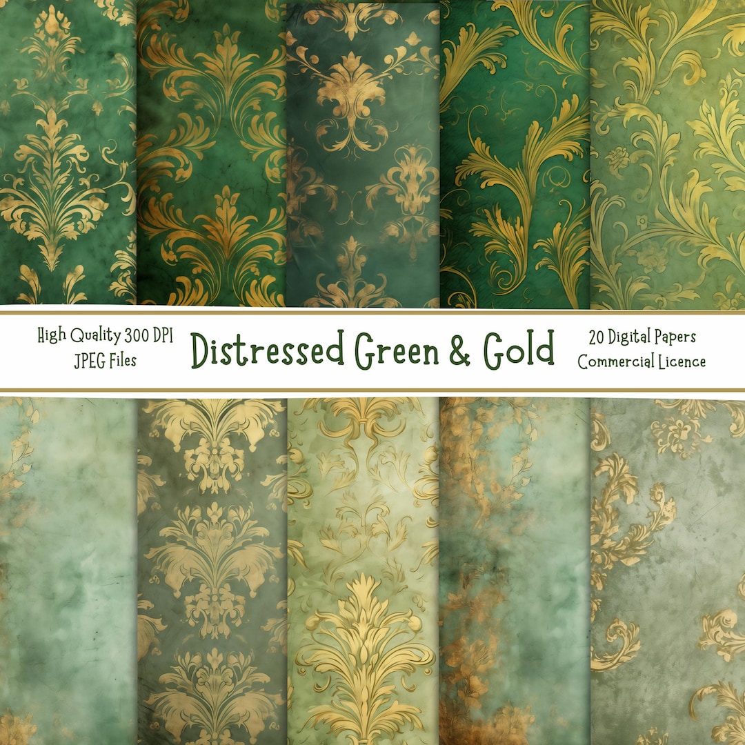 Distressed Green & Gold Digital Paper Pack | 20 High Quality 300 DPI ...