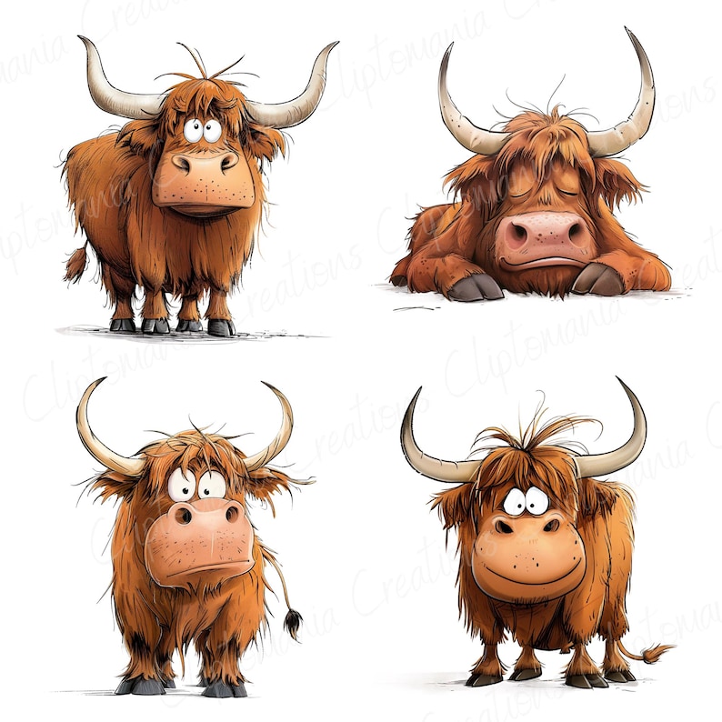 20 Funny Highland Cow PNG Clipart Bundle, Transparent Backgrounds ...