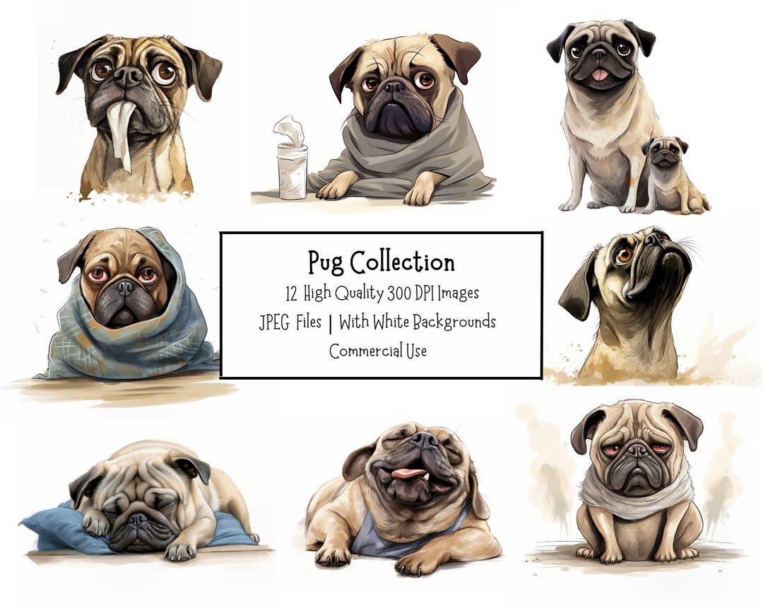 Cute and Funny Pug Dog Clipart Bundle | 12 High Quality 300DPI Images ...