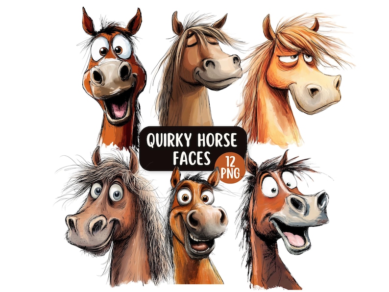 Quirky Horse Faces Clipart Bundle 12 PNG Designs, Commercial Use, Funny ...