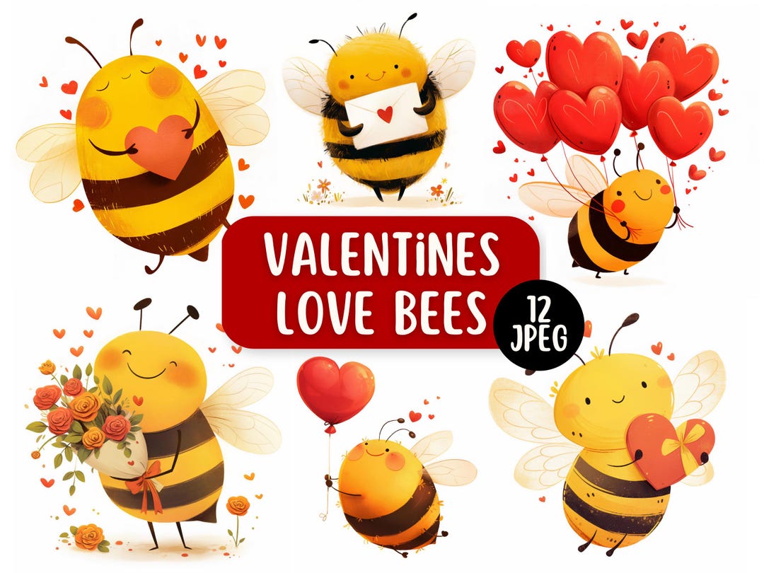 Cute Valentines Love Bee Clipart Bundle 12 JPEG Designs | Card Making ...