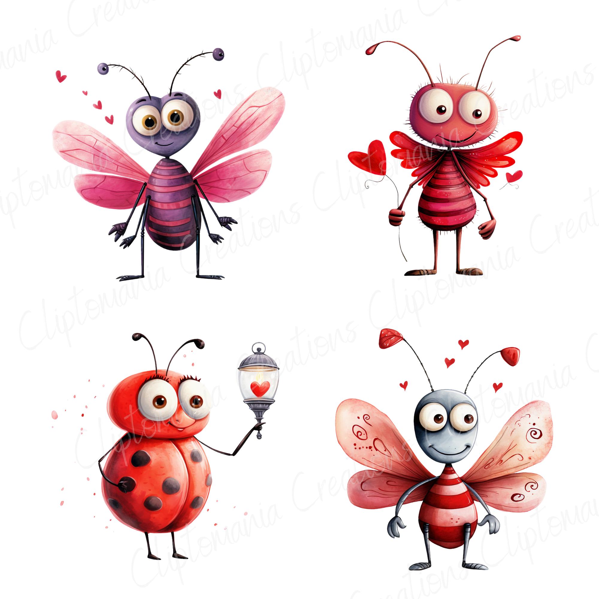 Cute Love Bug PNG Clipart Bundle, Transparent Backgrounds, Digital ...