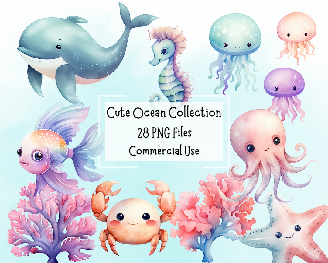 Cute Watercolour Sea Life PNG Clipart Bundle | 28x 300 DPI Files ...