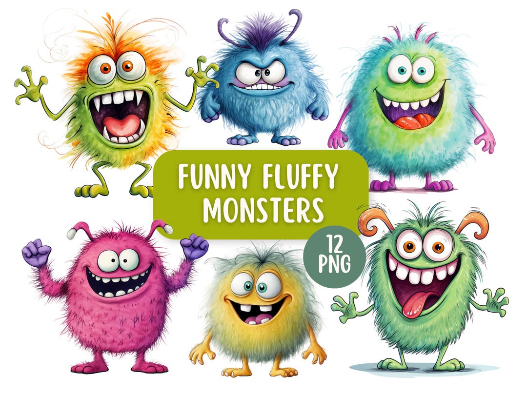 Funny Fluffy Monster Clipart Bundle 12 PNG | Cute Cartoon Monsters ...