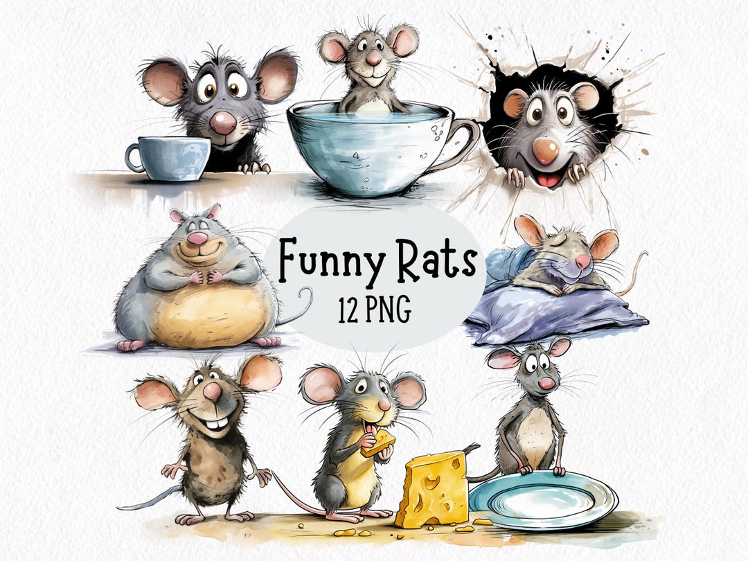 Cute and Funny Watercolour Rat PNG Clipart Bundle, Quirky Whimsical Rat ...
