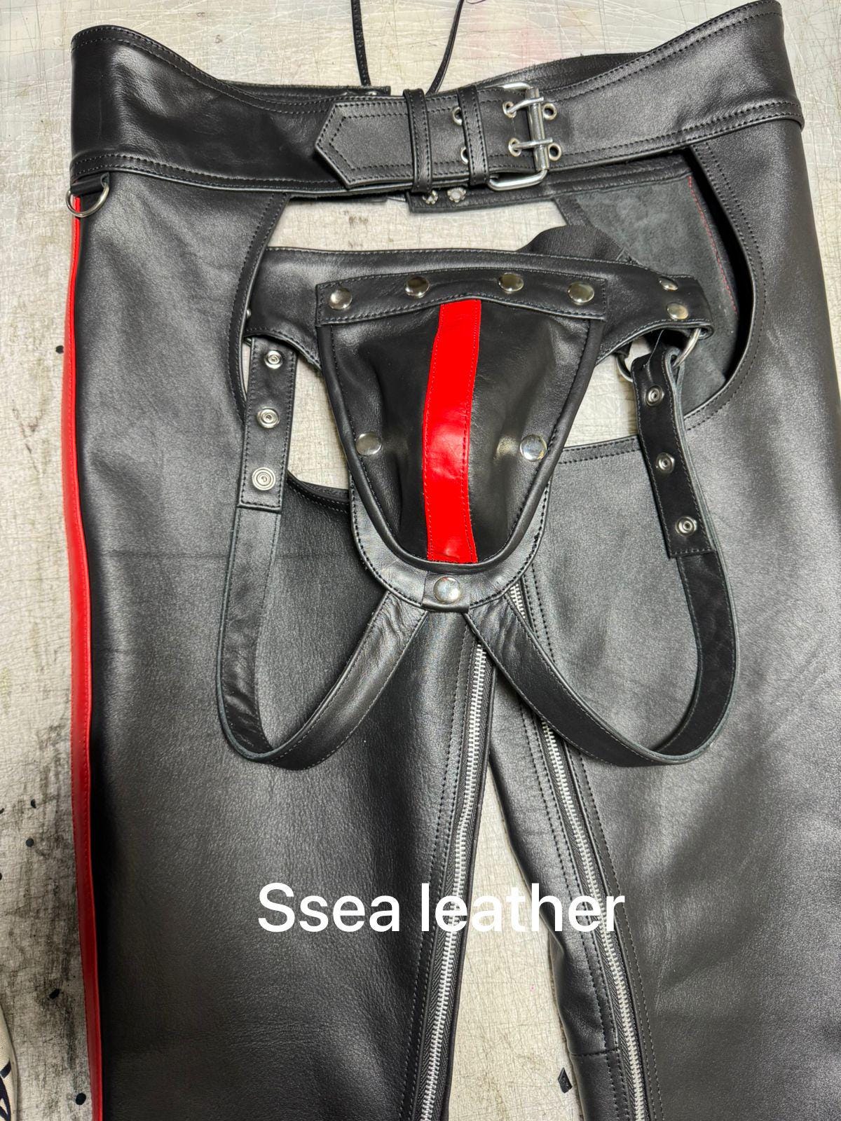 Black Leather Biker Chaps With Red Stripes: Genuine Cow Leather, LGBT ...
